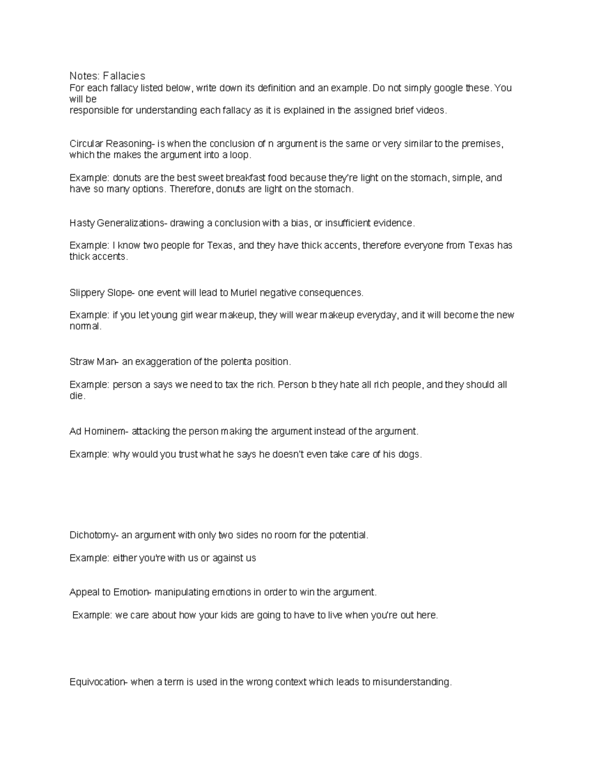 Notes Logical Fallacies 002765850 - Notes: Fallacies For each fallacy ...