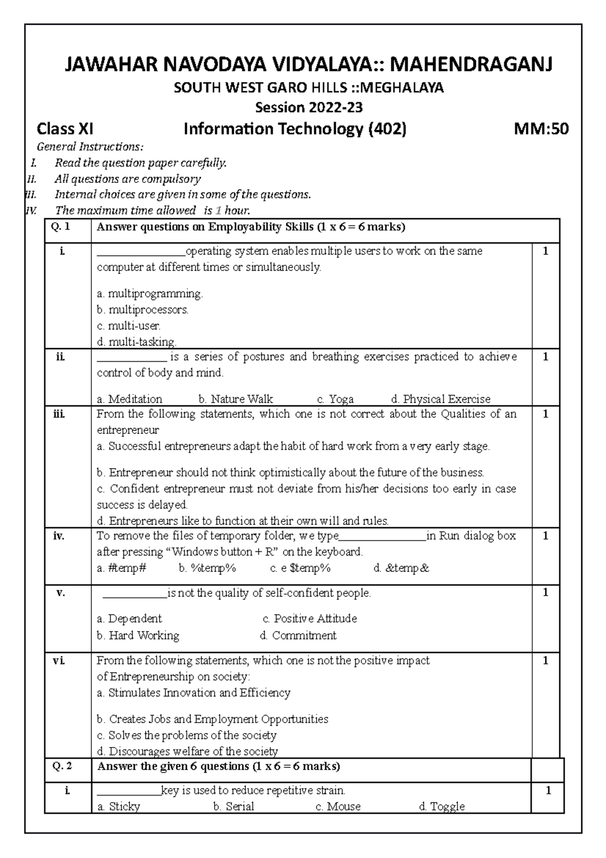 Class xi ut2 - test papers - JAWAHAR NAVODAYA VIDYALAYA:: MAHENDRAGANJ ...