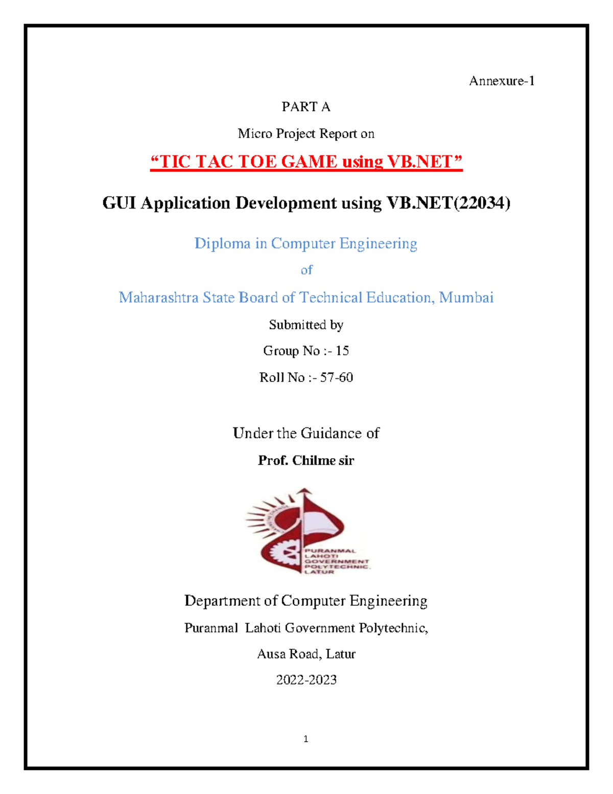 Document - Annexure- 1 PART A Micro Project Report on “TIC TAC TOE GAME using VB” GUI ...