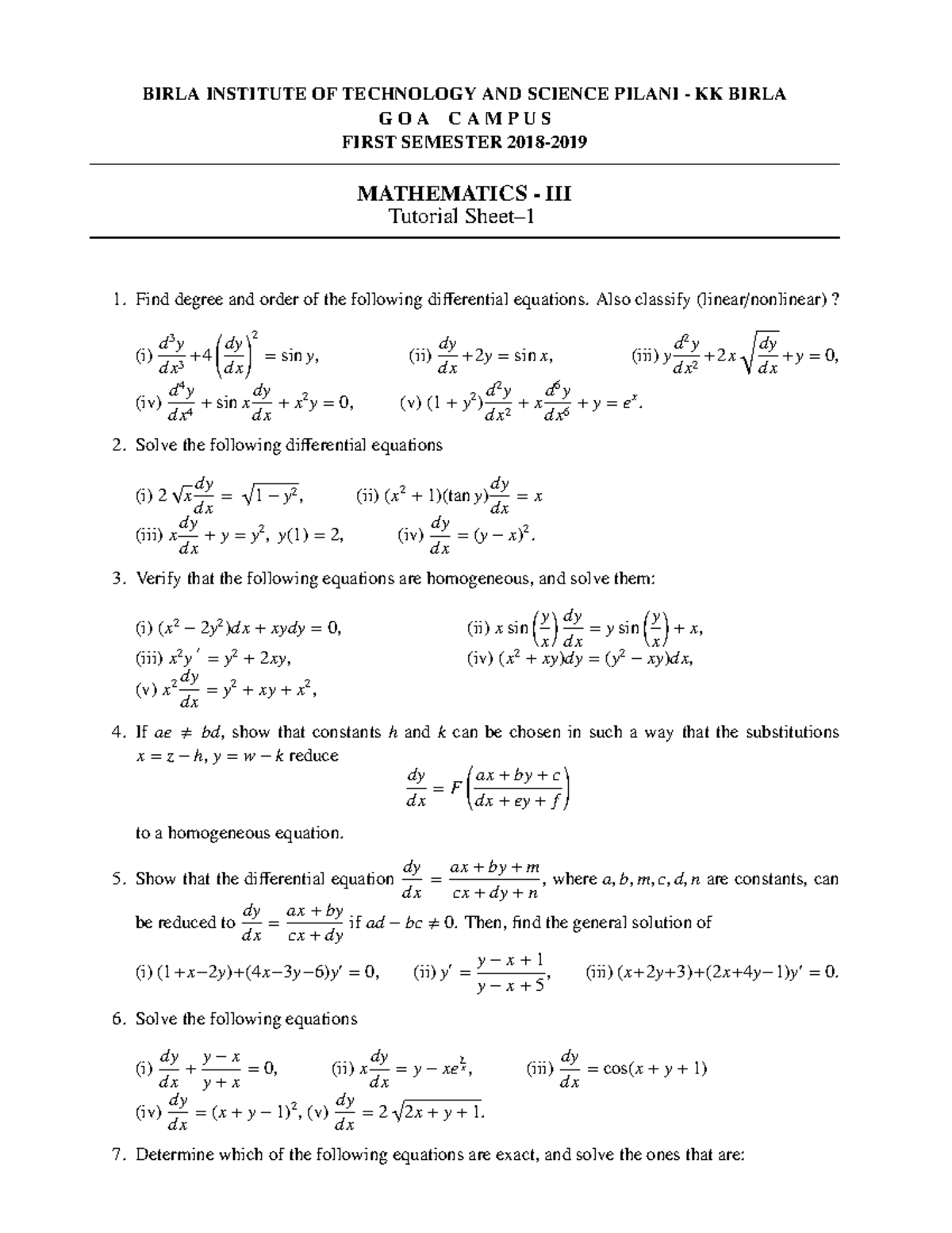 Tutorial-1 - Tutorial-1 CLASSWORK - Mathematics III - BITS Pilani - Studocu