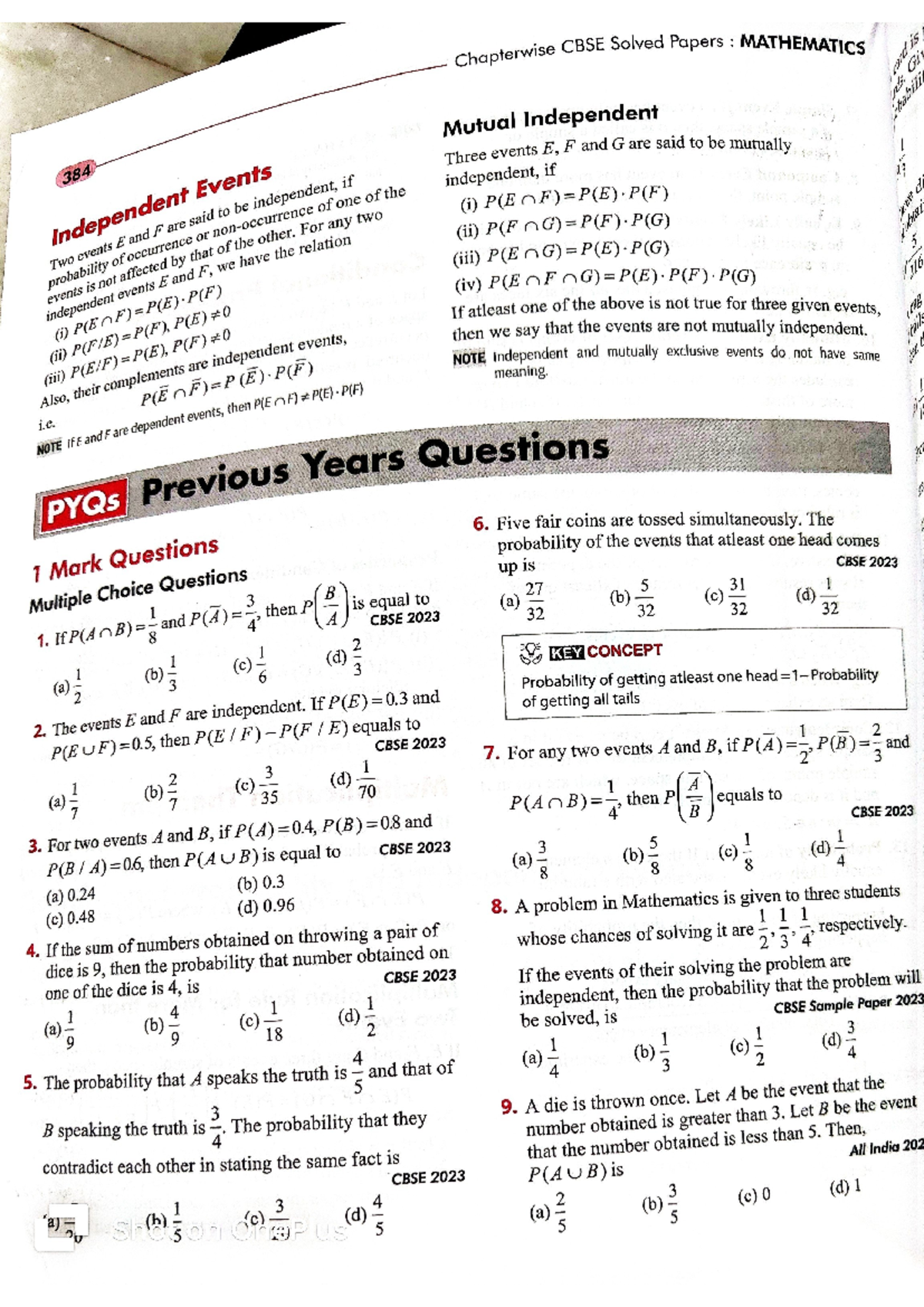 Probability PYQ - Chapterwise CBSE Solved Papers MATHEMATICS 384 Mutual ...