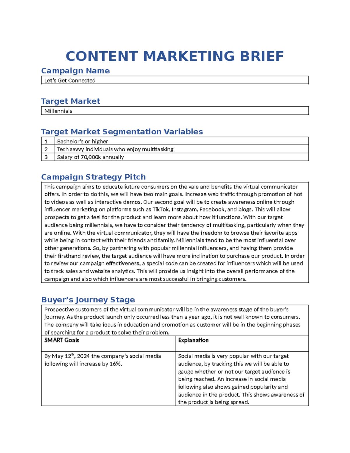 D176 task 1 - CONTENT MARKETING BRIEF Campaign Name Let’s Get Connected ...