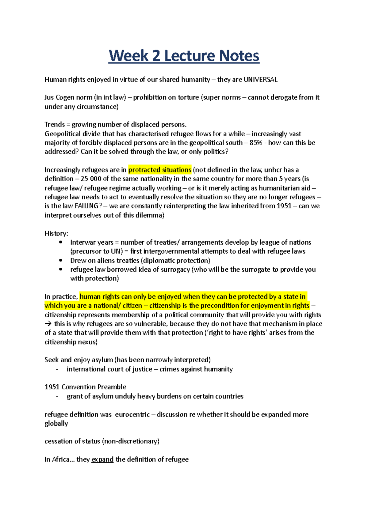 Week 2 Lecture Notes - Week 2 Lecture Notes Human rights enjoyed in ...