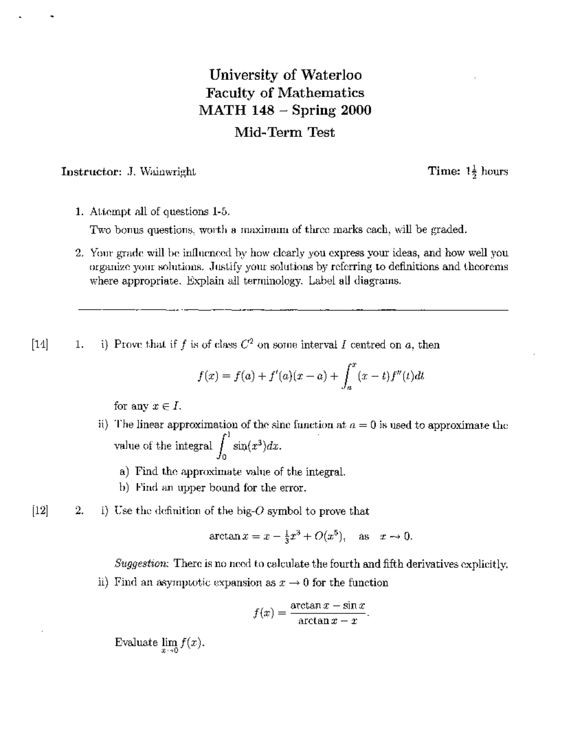 Exam 2 October 2000, questions - University of Waterloo Faculty of ...