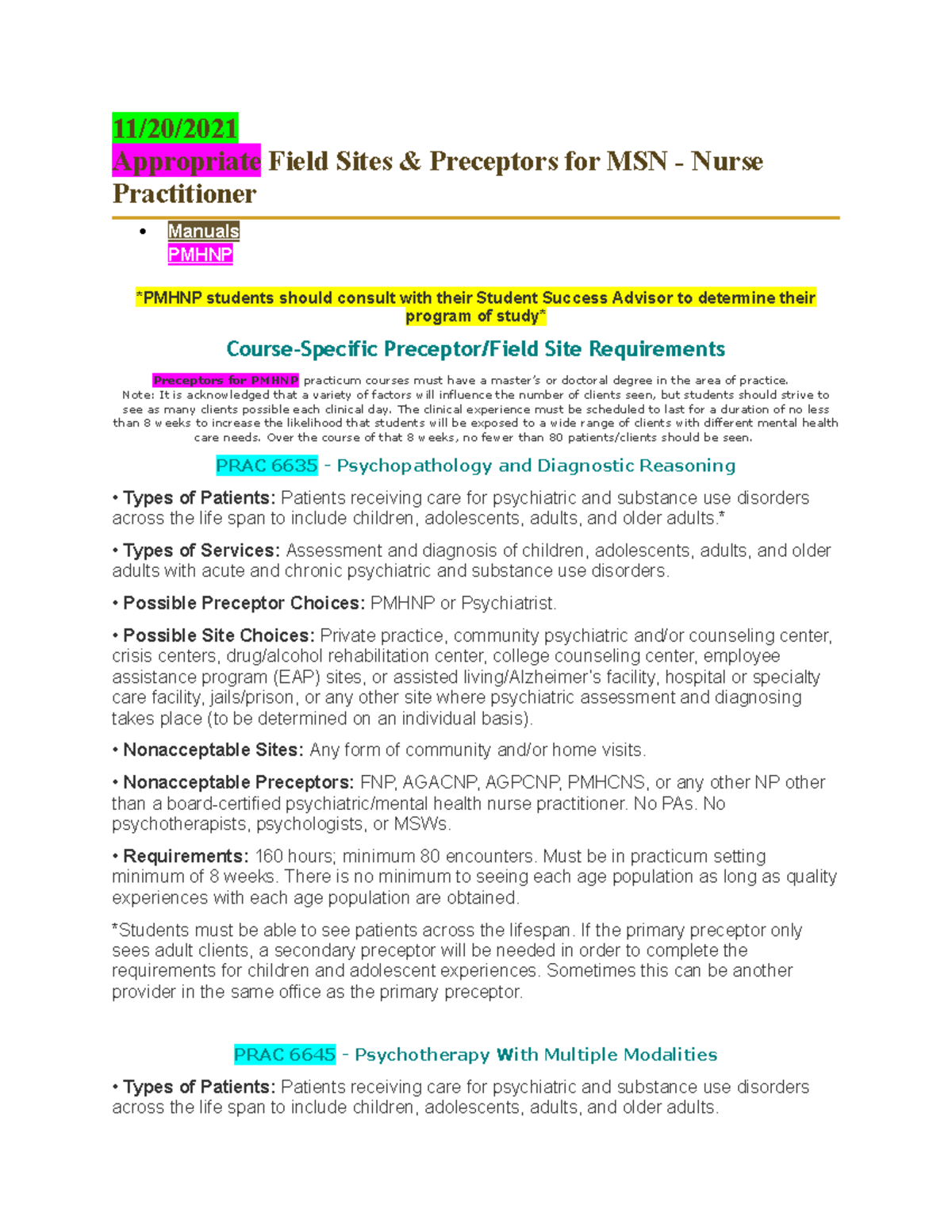 Course-Specific Preceptor Field Site Requirements 2021 - 11/20 ...