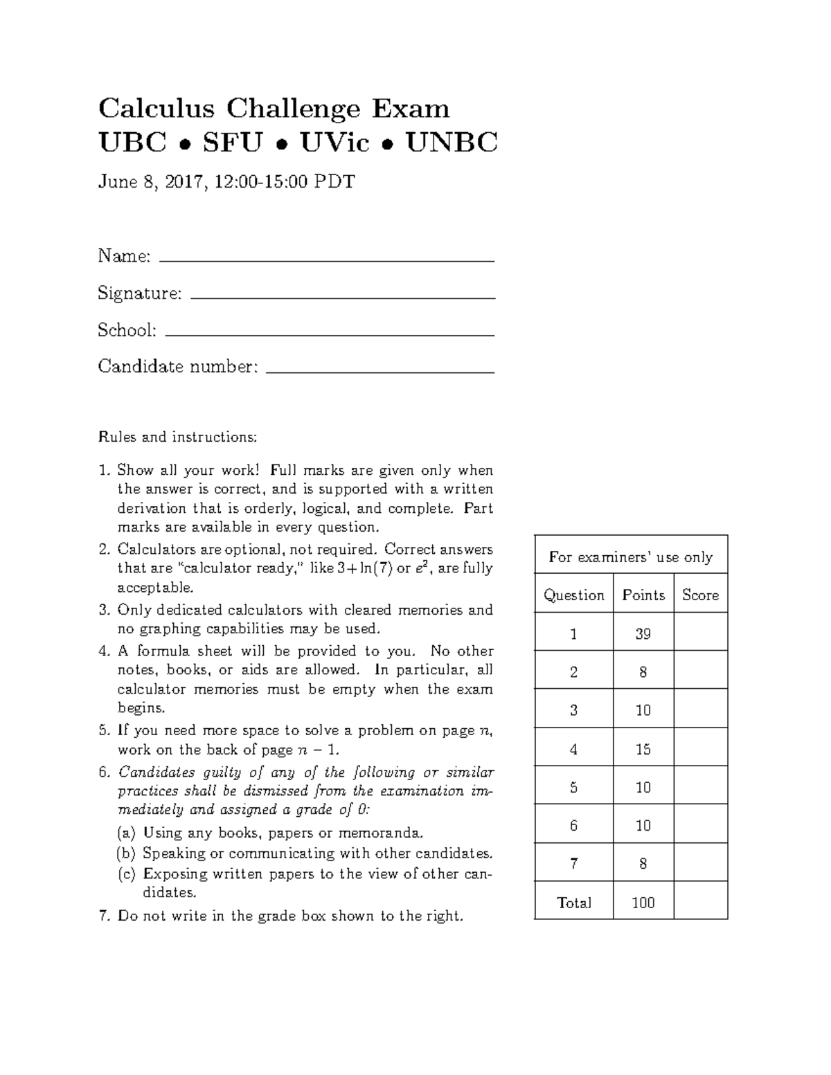 Exam - Challenge exam - Calculus Challenge Exam UBC • SFU • UVic • UNBC ...