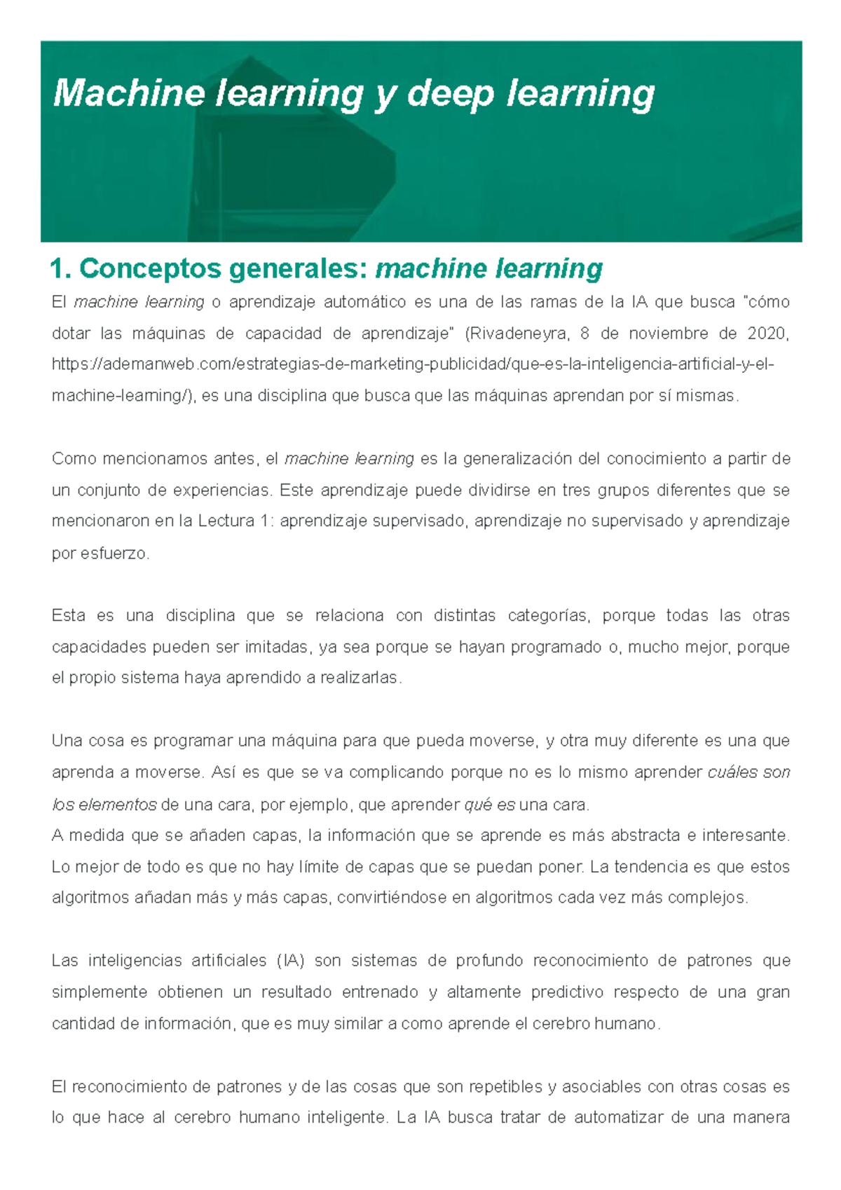 Módulo 1 Lectura 3 - Machine learning y deep learning 1. Conceptos generales: machine learning ...