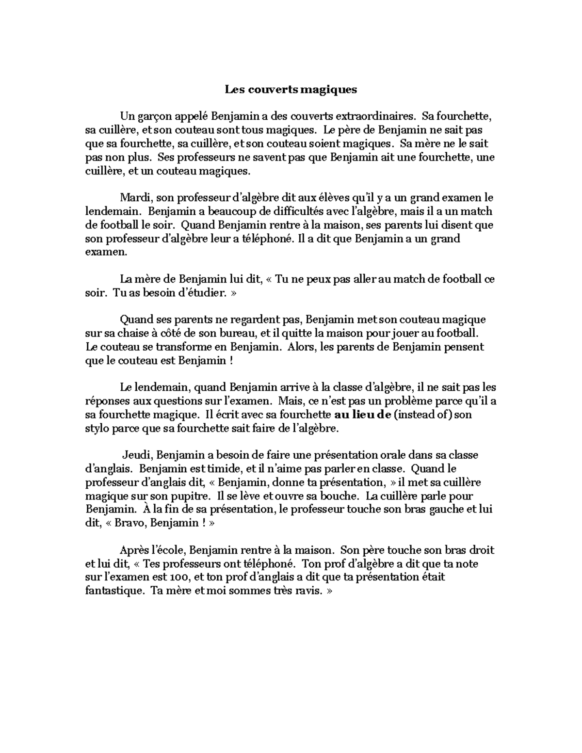 Couverts magiques - Story in French - Les couverts magiques Un garçon ...