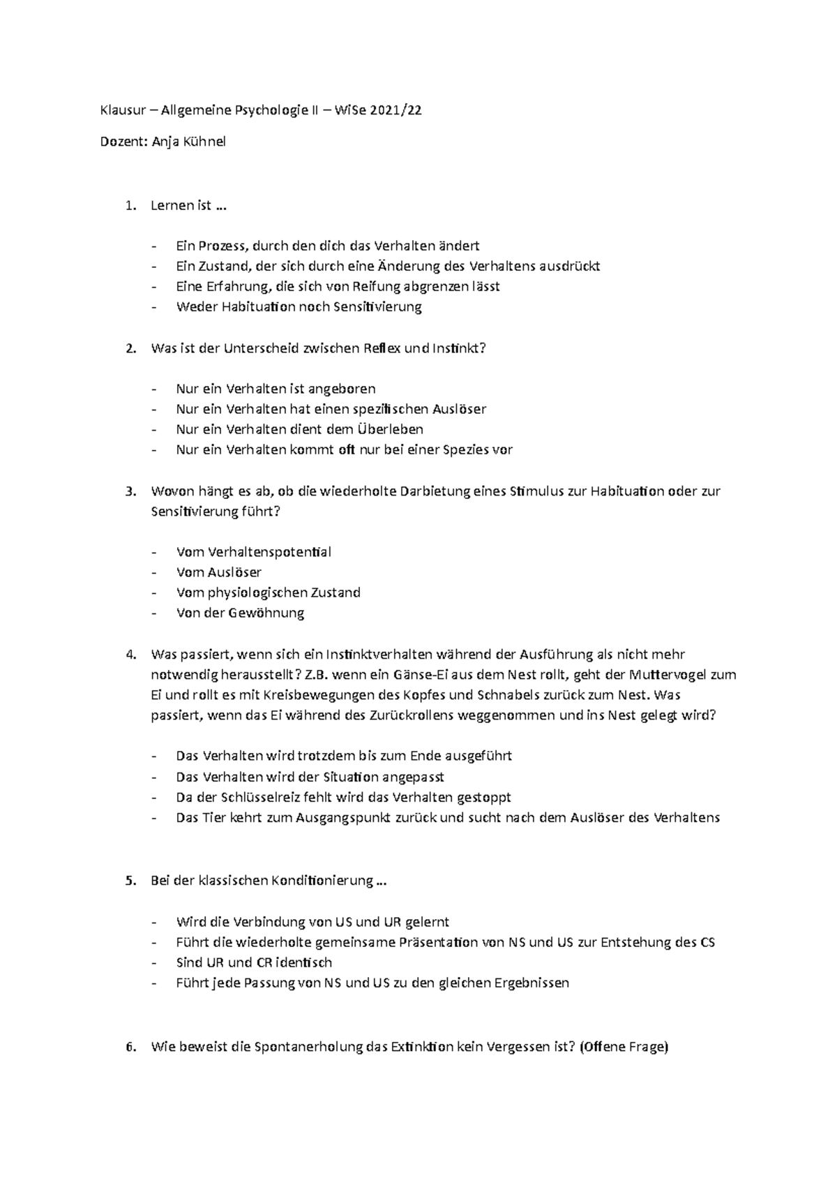 Klausur Allgemeine Psychologie II - Klausur – Allgemeine Psychologie II – WiSe 2021/ Dozent ...