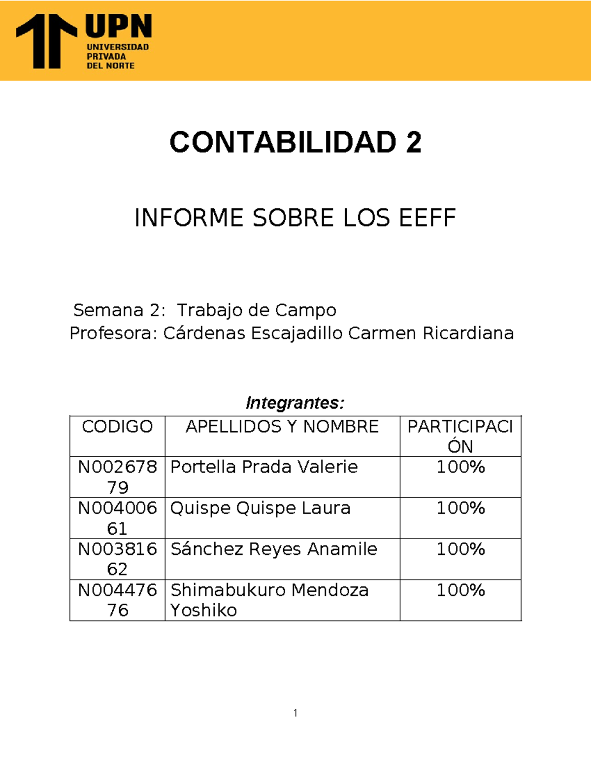 Estados Financieros - Contabilidad 2 - CONTABILIDAD 2 INFORME SOBRE LOS EEFF Semana 2: Trabajo ...