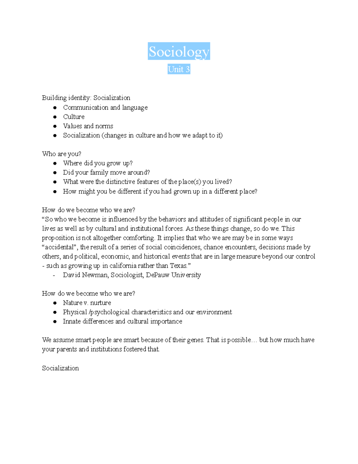 Unit 3 pt 1 - Introduction to Sociology - Sociology Unit 3 Building ...