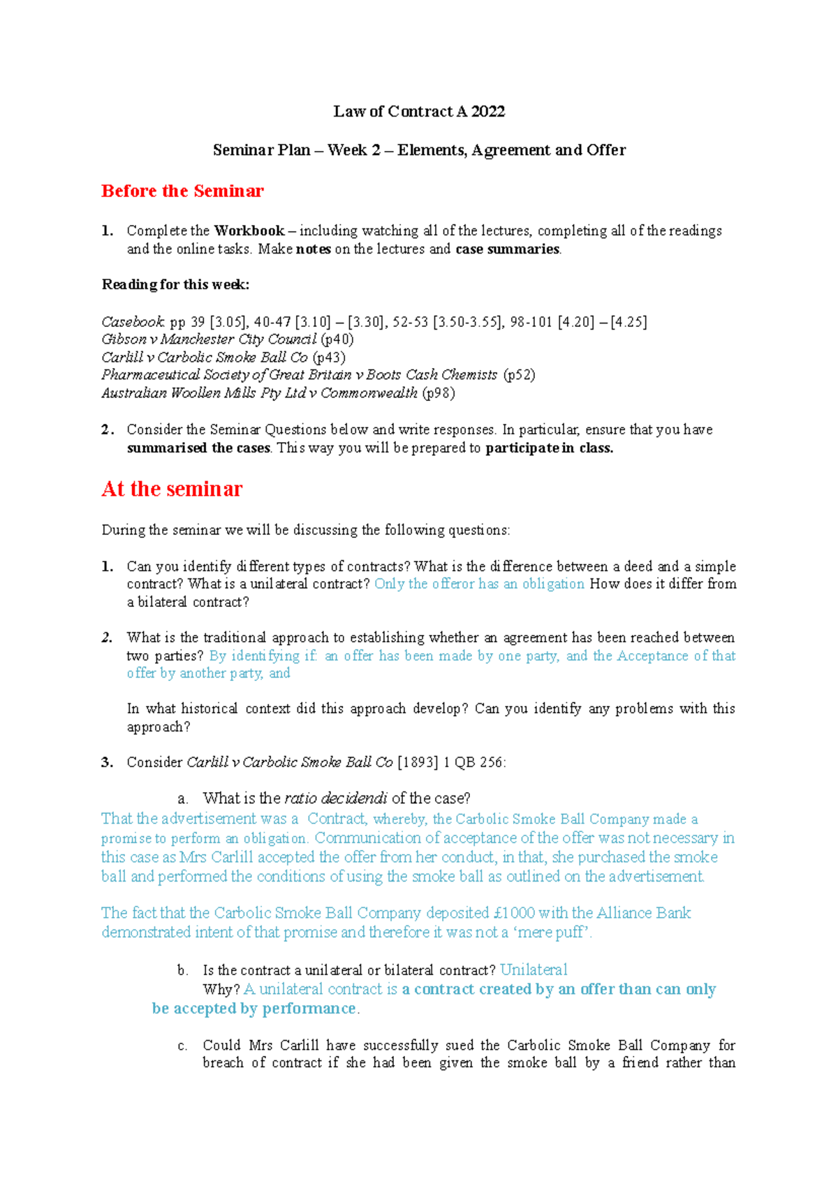 Contract wk 2 - Week 2 seminar problem - Law of Contract A 2022 Seminar ...