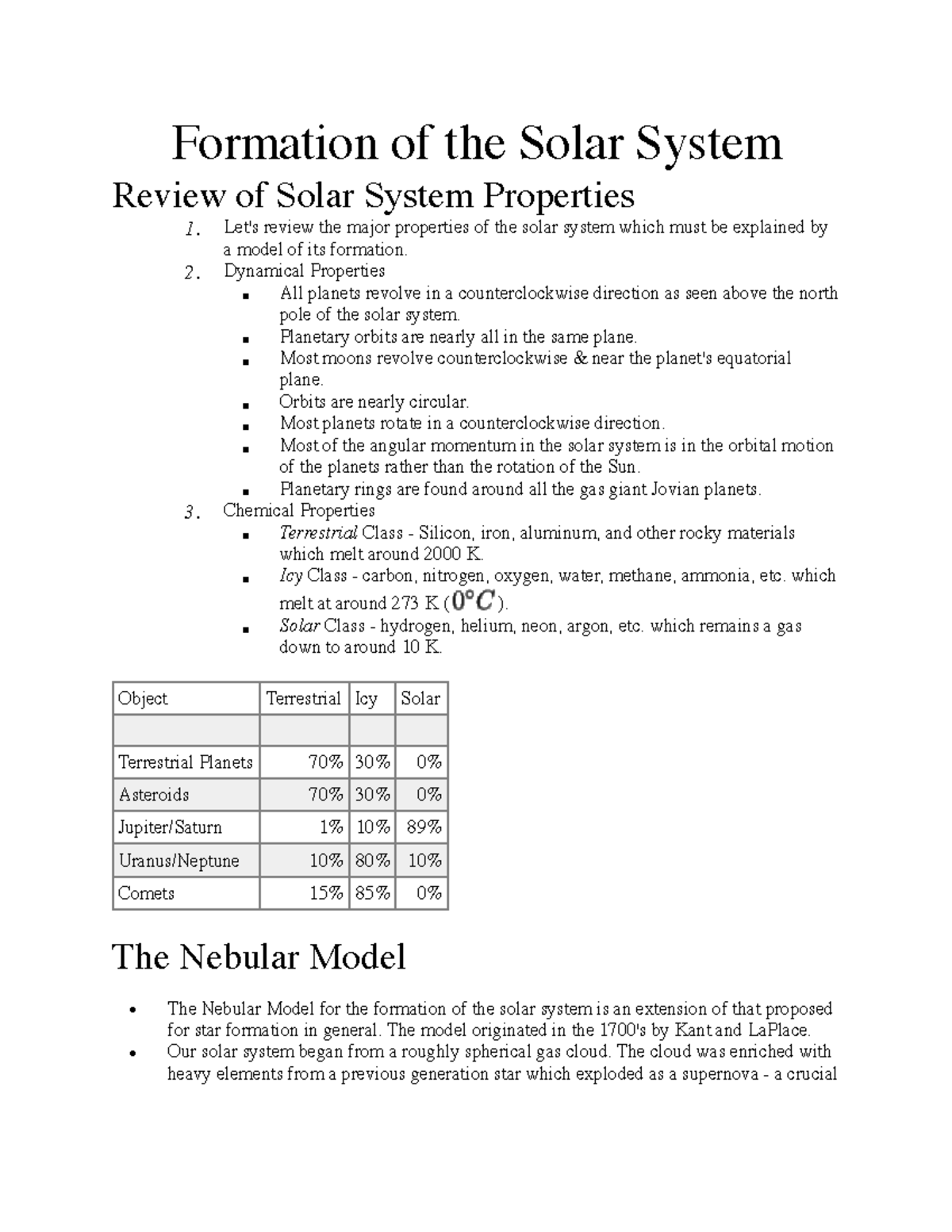 Astr notes 11 - Formation of the Solar System Review of Solar System ...