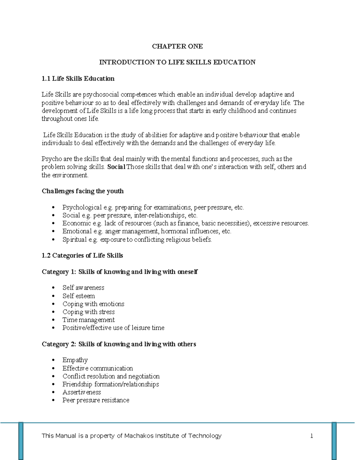 LIFE Skills Education - CHAPTER ONE INTRODUCTION TO LIFE SKILLS EDUCATION 1 Life Skills ...