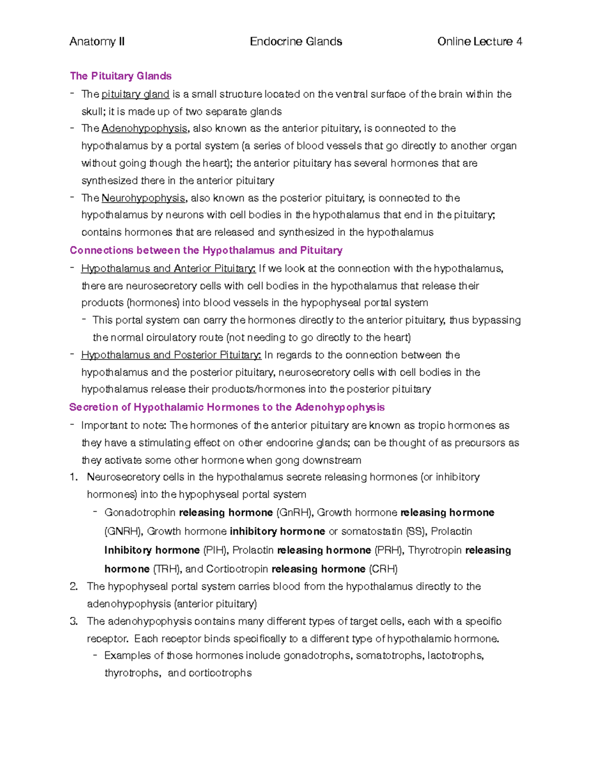 Anatomy II; Online Lecture 4; Endocrine Glands (PDF) - The Pituitary ...