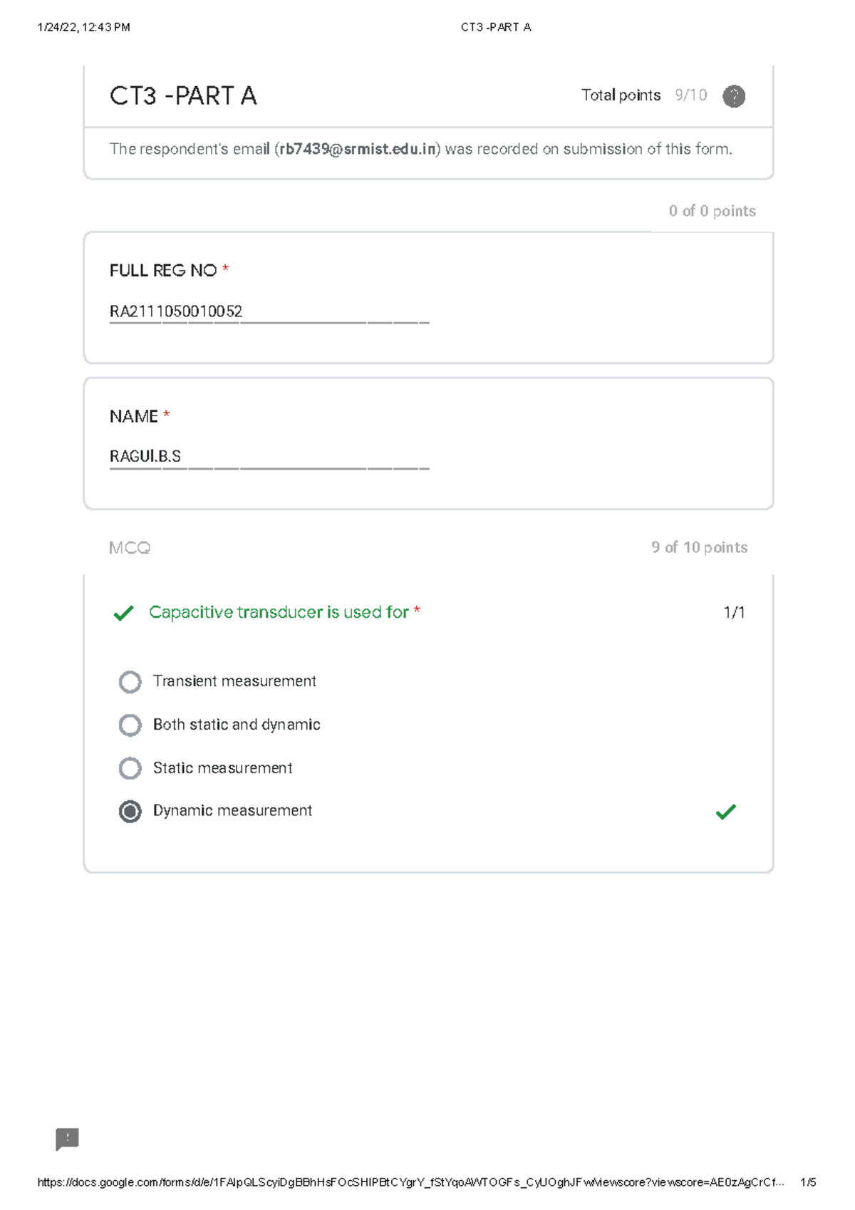 Beee part a - klhbilhi - 0 of 0 points RA RAGUl.B MCQ 9 of 10 points 1/ Transient measurement ...