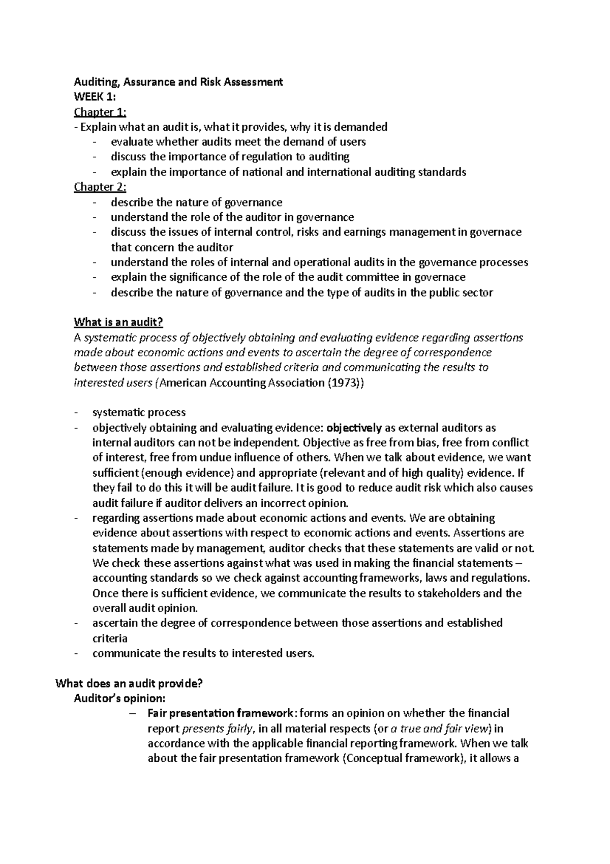 Audit Week 1 Lecture Notes 1 Auditing Assurance And Risk Assessment Week 1 Chapter 1