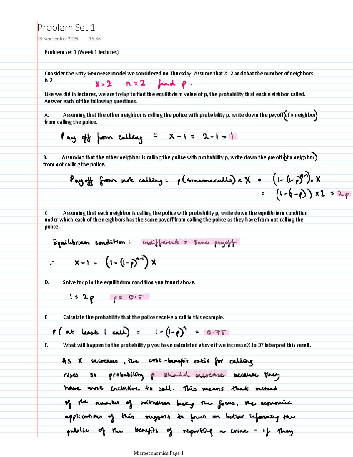 EC1A3 Problem set 1 - Problem set 1 (Week 1 lectures) Consider the Kitty Genovese model we - Studocu