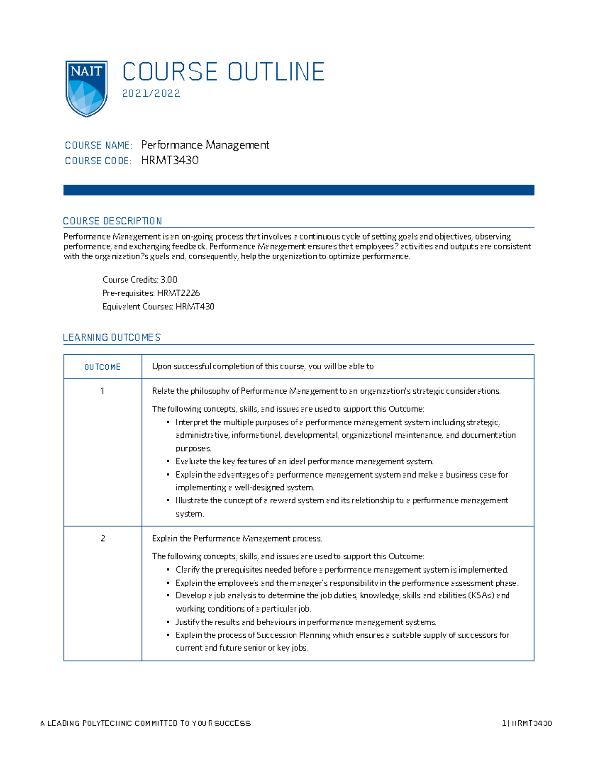 Course Outline HRMT3430 - 2021 - COURSE OUTLINE 2021/ COURSE NAME ...