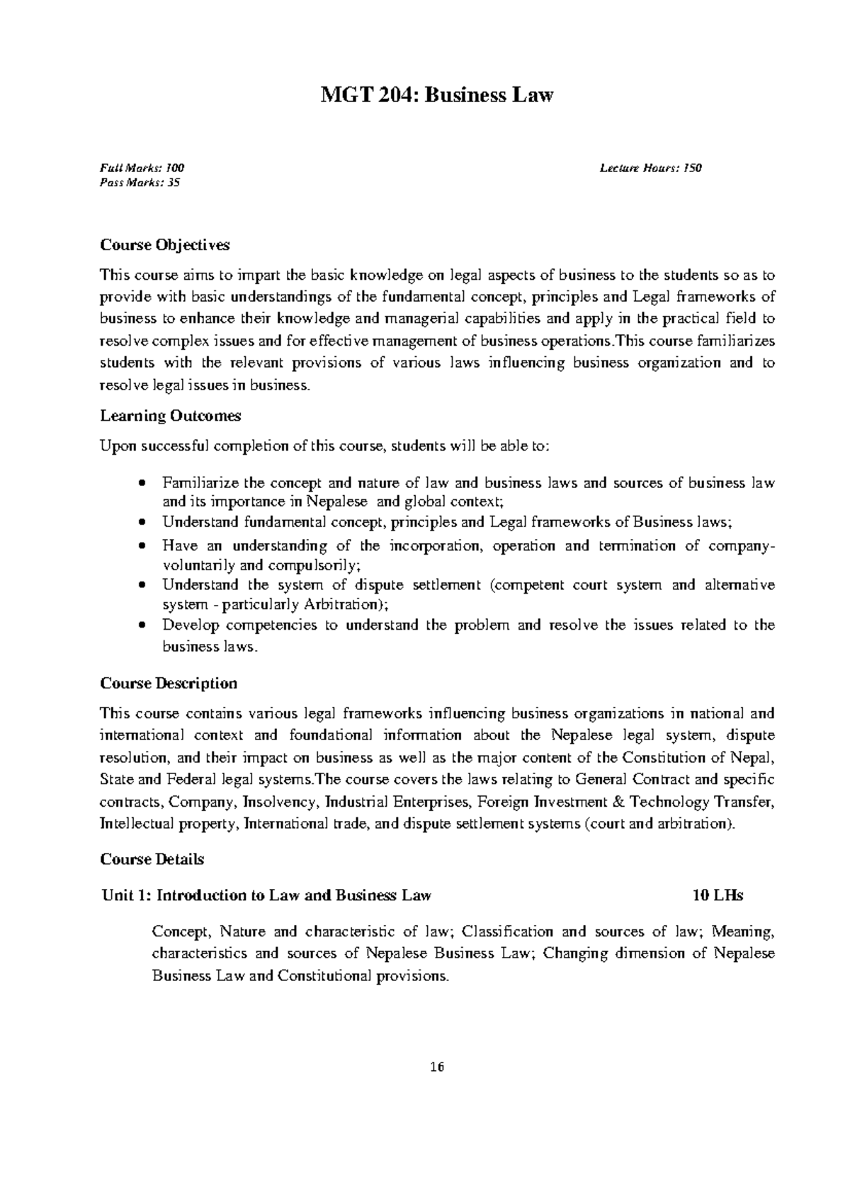 Business Law - Syllabus BBS - 16 MGT 204: Business Law Full Marks: 100 ...