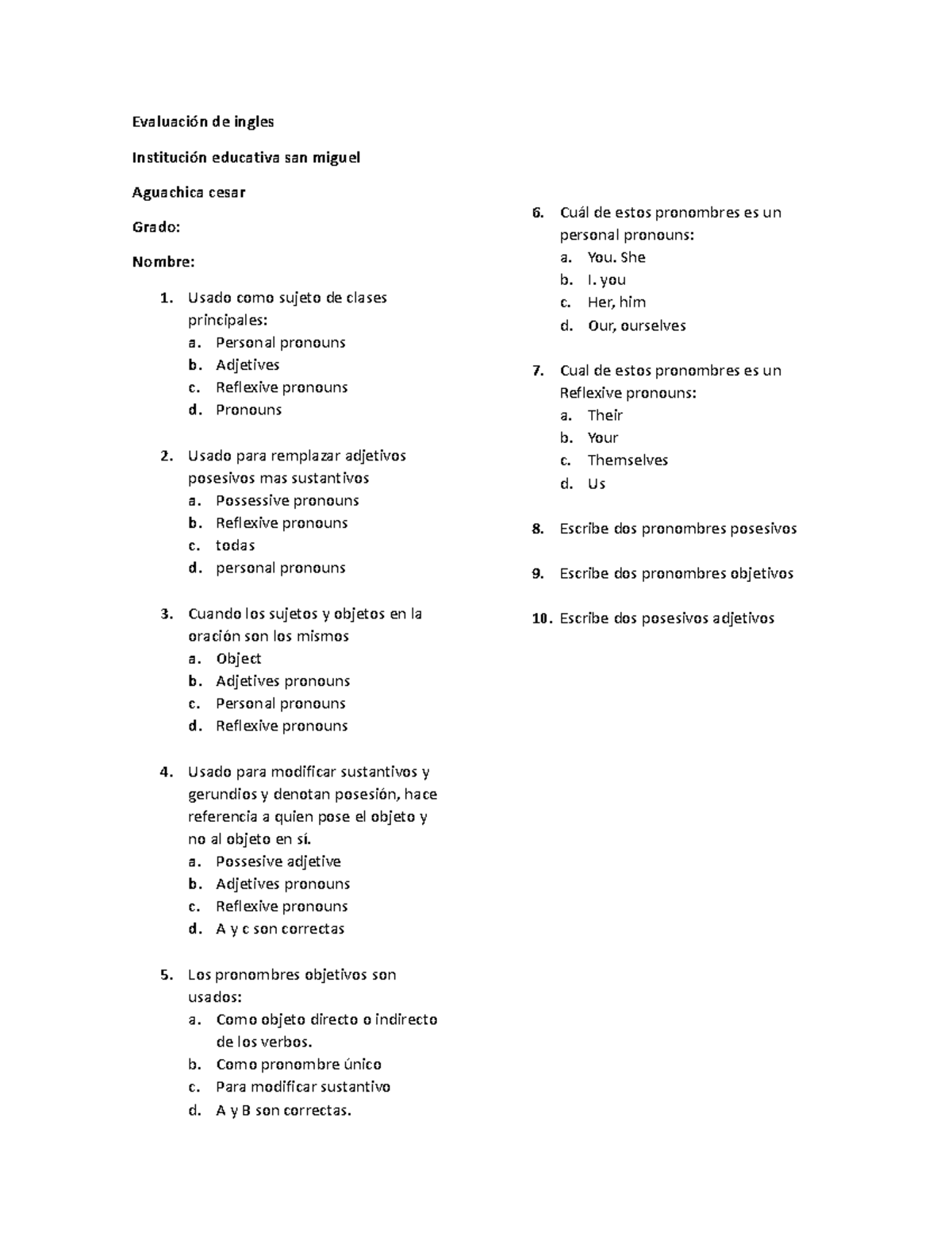 Pronombres ingles - mcnjcn - Evaluación de ingles Institución educativa ...