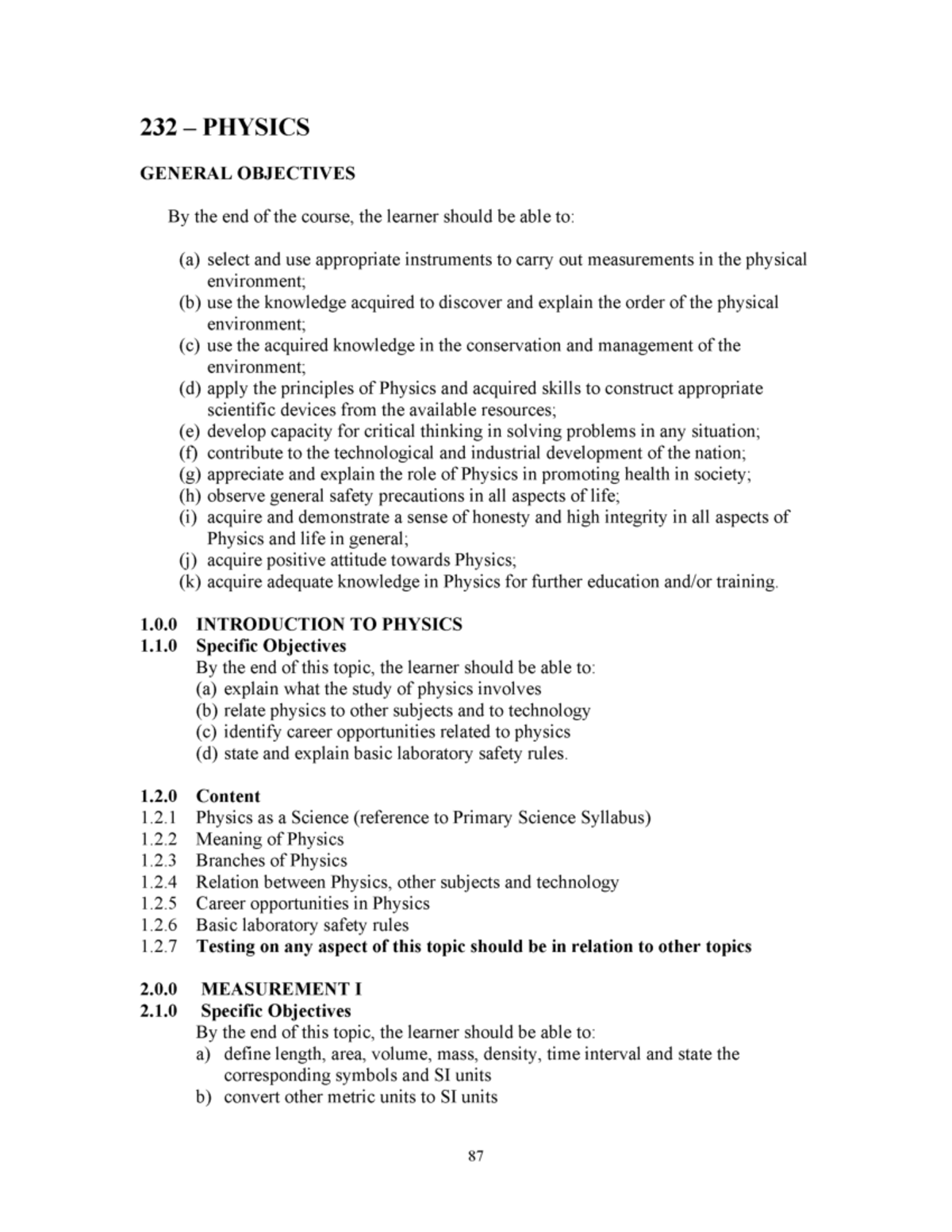 Physics- Syllabus - 232 - PHYSICS GENERAL OBJECTIVES By the end of the ...