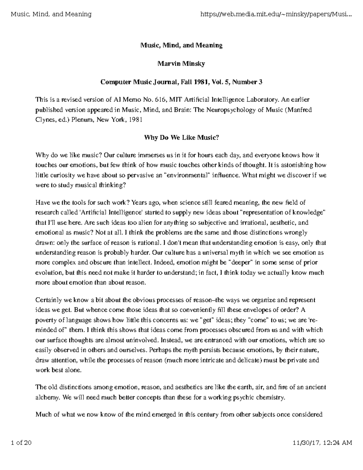 Music Mind Meaning - Music, Mind, and Meaning Marvin Minsky Computer Music Journal, Fall 1981 ...