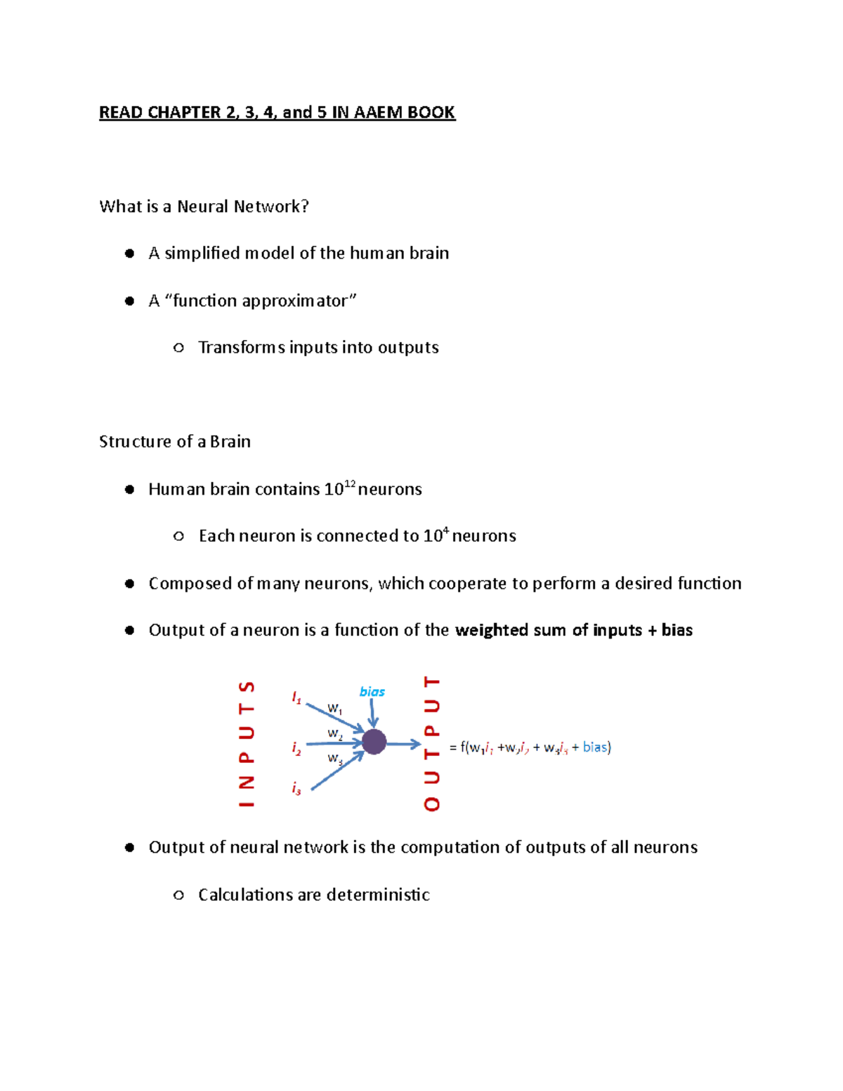 Neural Networks - Lecture notes - READ CHAPTER 2, 3, 4, and 5 IN AAEM ...