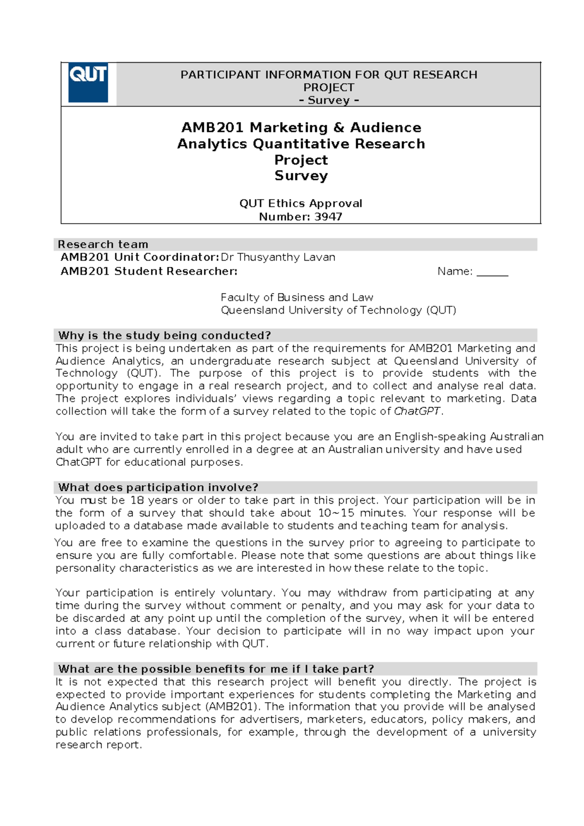 Part 2 - Consent form - PARTICIPANT INFORMATION FOR QUT RESEARCH PROJECT – Survey – AMB201 ...
