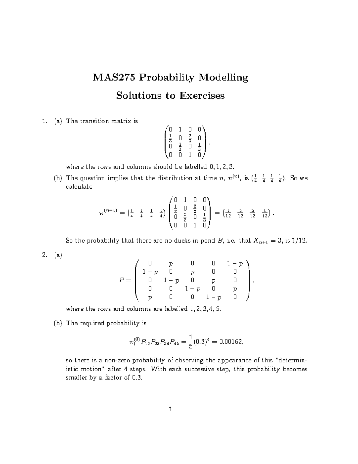 MAS275 Probability Modelling Solutions to Exercises - Studocu