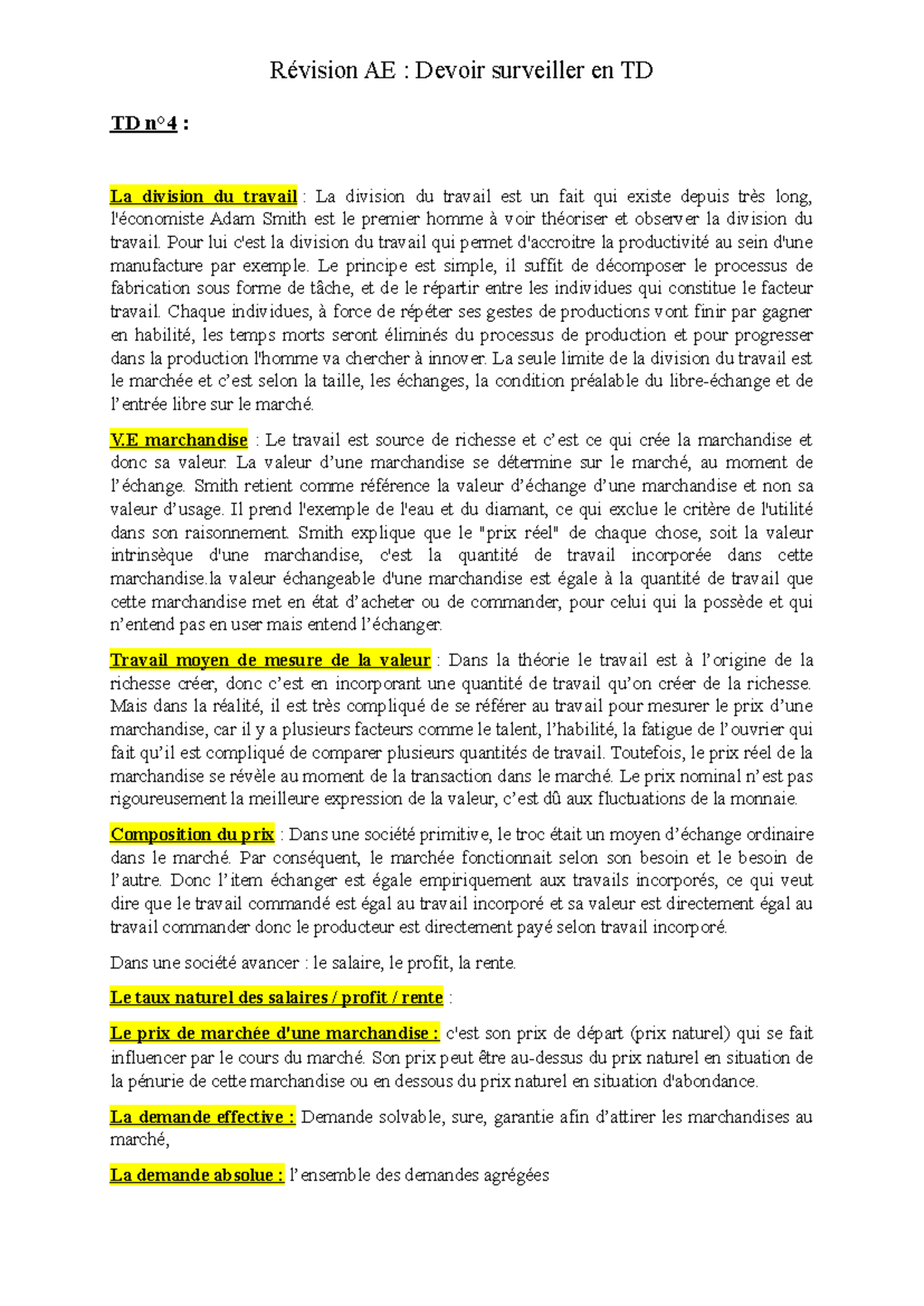 Révision DS AE TD - Révision AE : Devoir surveiller en TD TD n°4 : La division du travail : La ...
