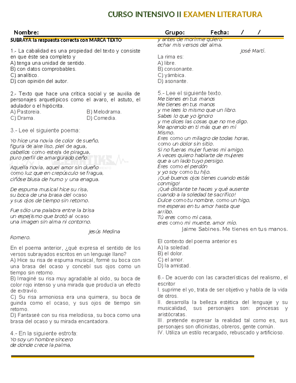 Copia de EX lit2 - material de apoyo para examen - Nombre: Grupo: Fecha ...