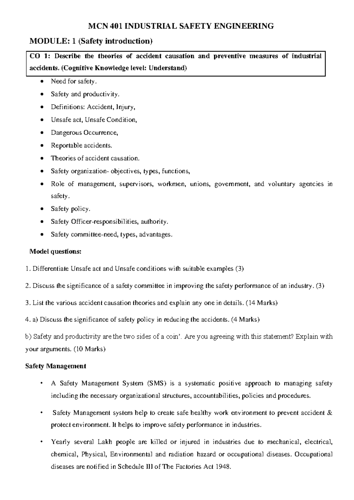 ISE Module 1 Lecture Notes - MCN 401 INDUSTRIAL SAFETY ENGINEERING ...