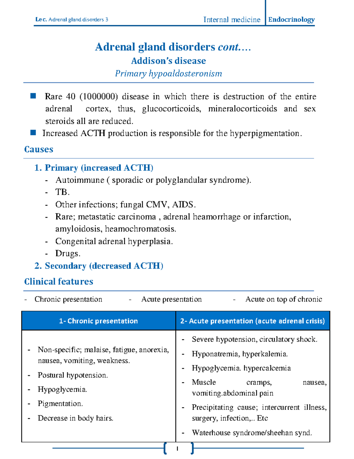 Adrenal Addison s - Lec. Adrenal gland disorders 3 Internal medicine ...