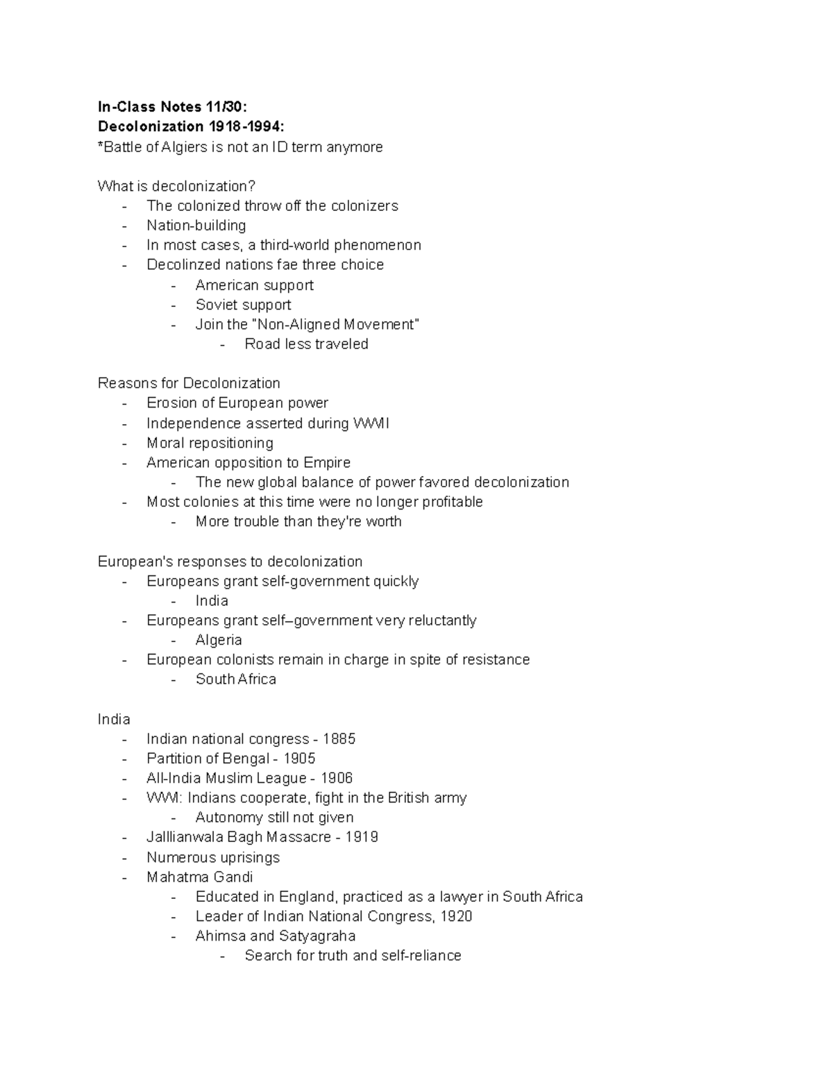 History 11 30 - In class notes from 11/30 Professor Anderson - In-Class ...