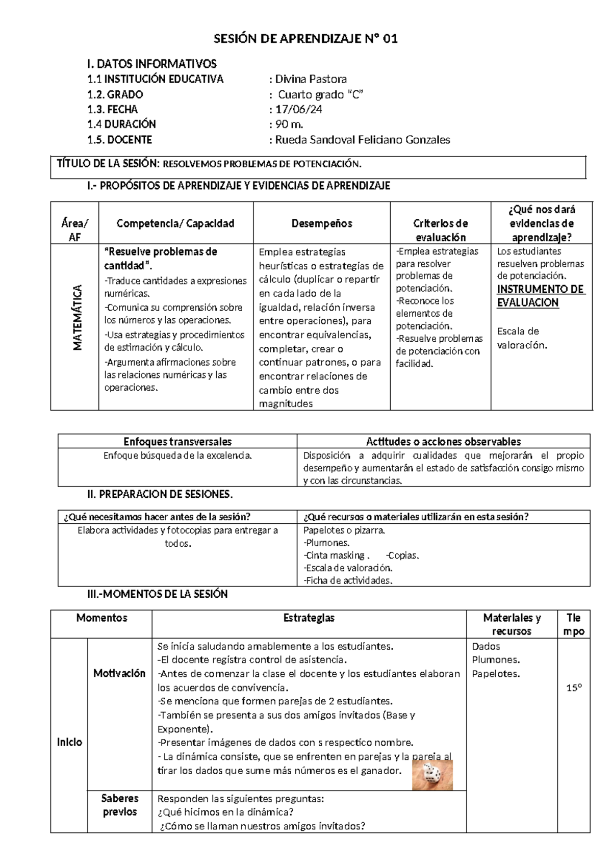 Sesión DE Matemáteca- Potencia 4to C - SESIÓN DE APRENDIZAJE Nº 01 I ...