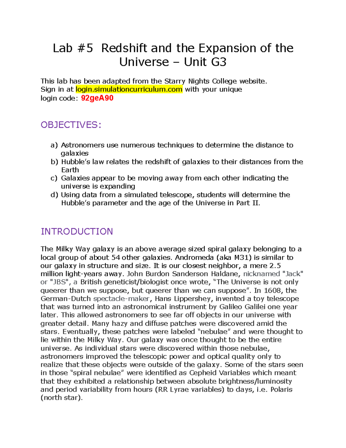 Lab #5 Hubble's Redshift & Universal Expansion Lab - Copy - Lab #5 ...