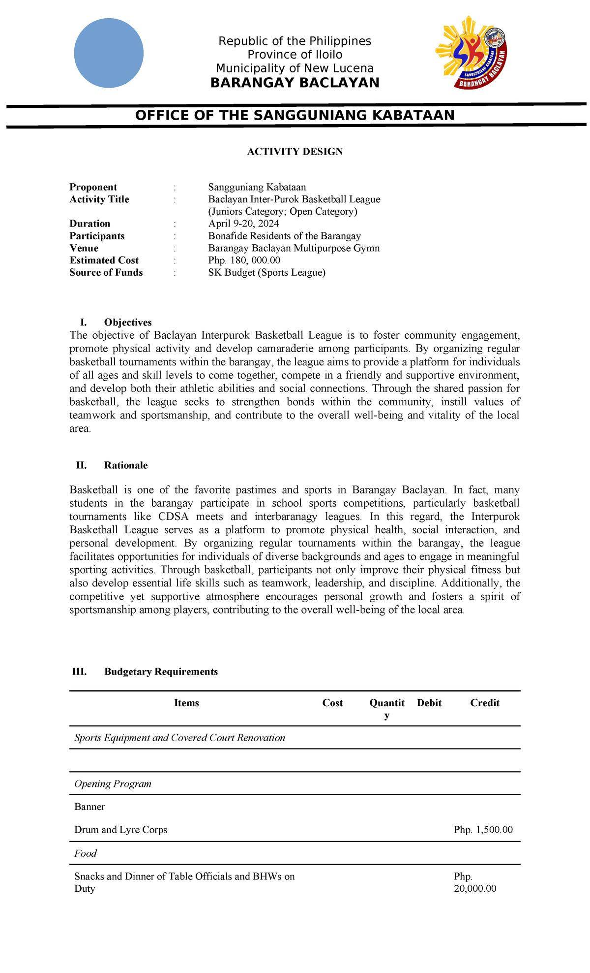Activity Design (IPBL 2024) - Province of Iloilo Municipality of New ...