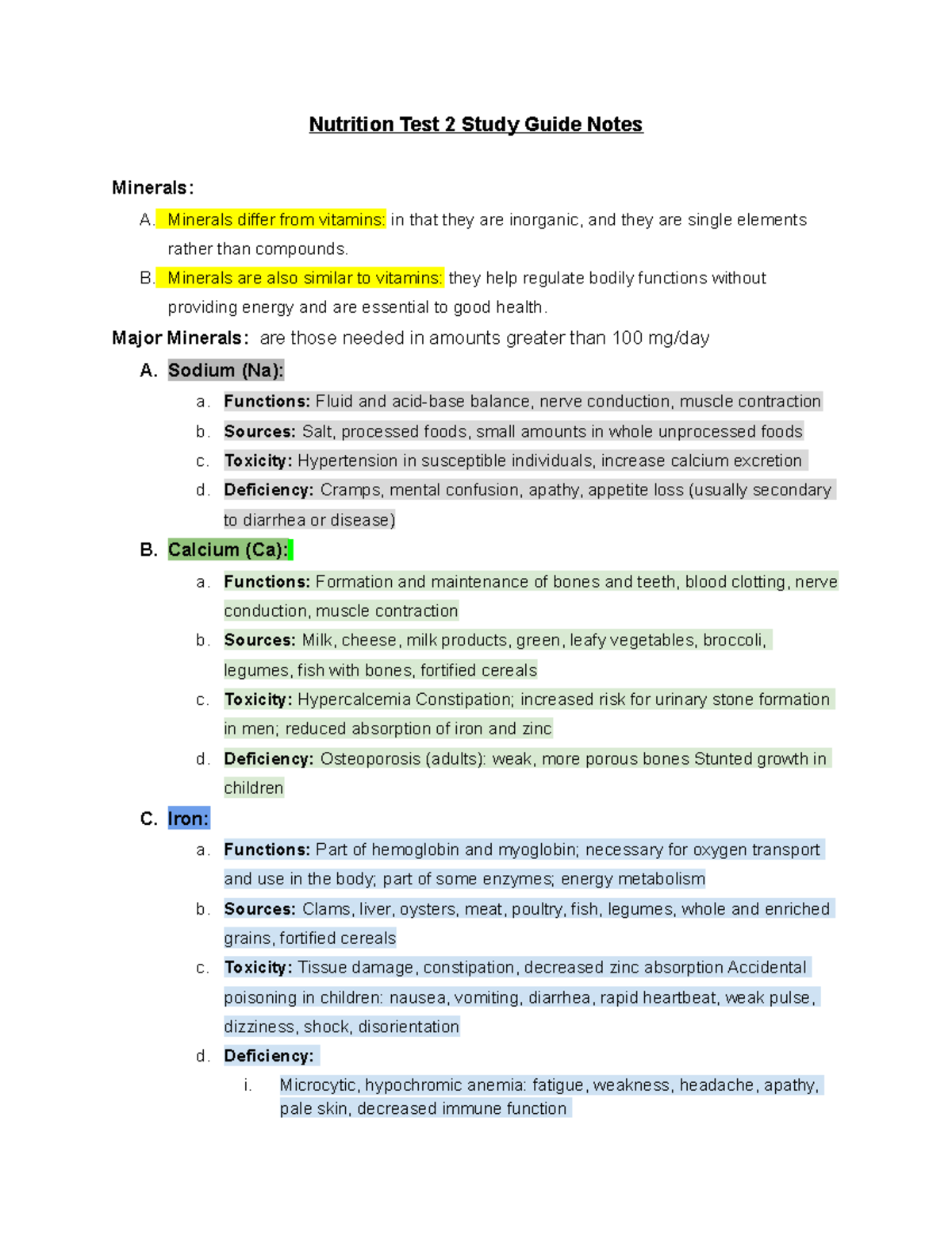 Nutrition Test 2 Study Guide Notes - Minerals differ from vitamins: in ...