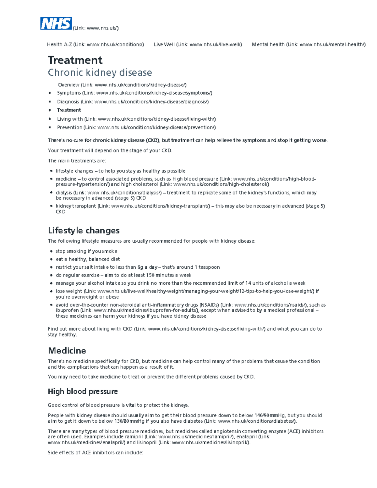 Chronic kidney disease - Treatment - NHS - (Link: nhs/) Treatment ...