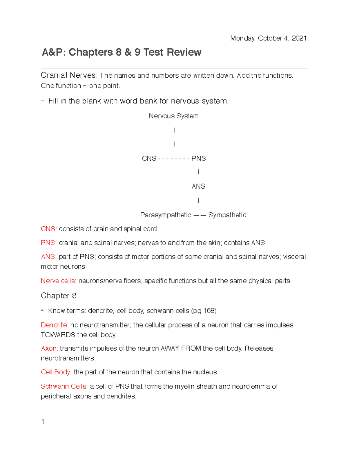 Chapter 8 & 9 Study Guide - A&P: Chapters 8 & 9 Test Review Cranial ...