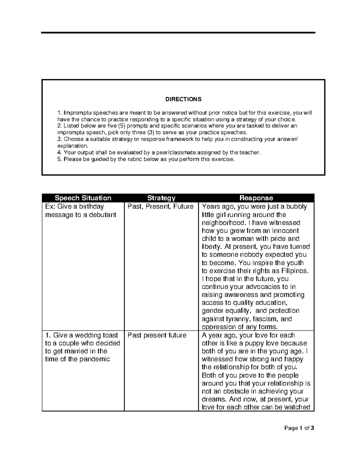 assignment ideas and answers - Page 1 of 3 Speech Situation Strategy ...