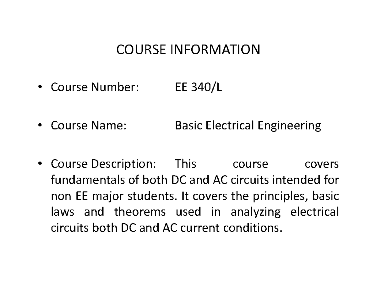 Basic Electrical Circuits - COURSE INFORMATION • Course Number: EE 340 ...