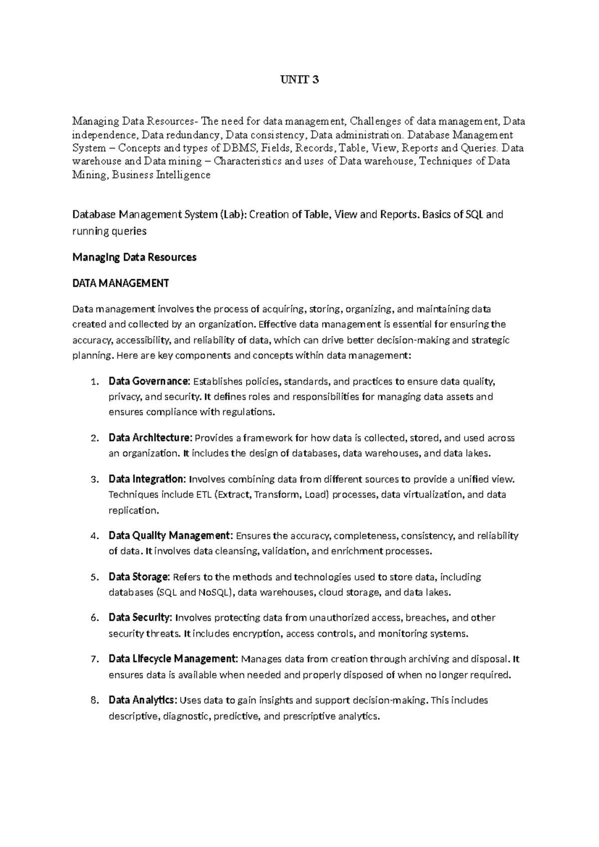 UNIT 3 - Shdkxk - UNIT 3 Managing Data Resources- The need for data management, Challenges of ...