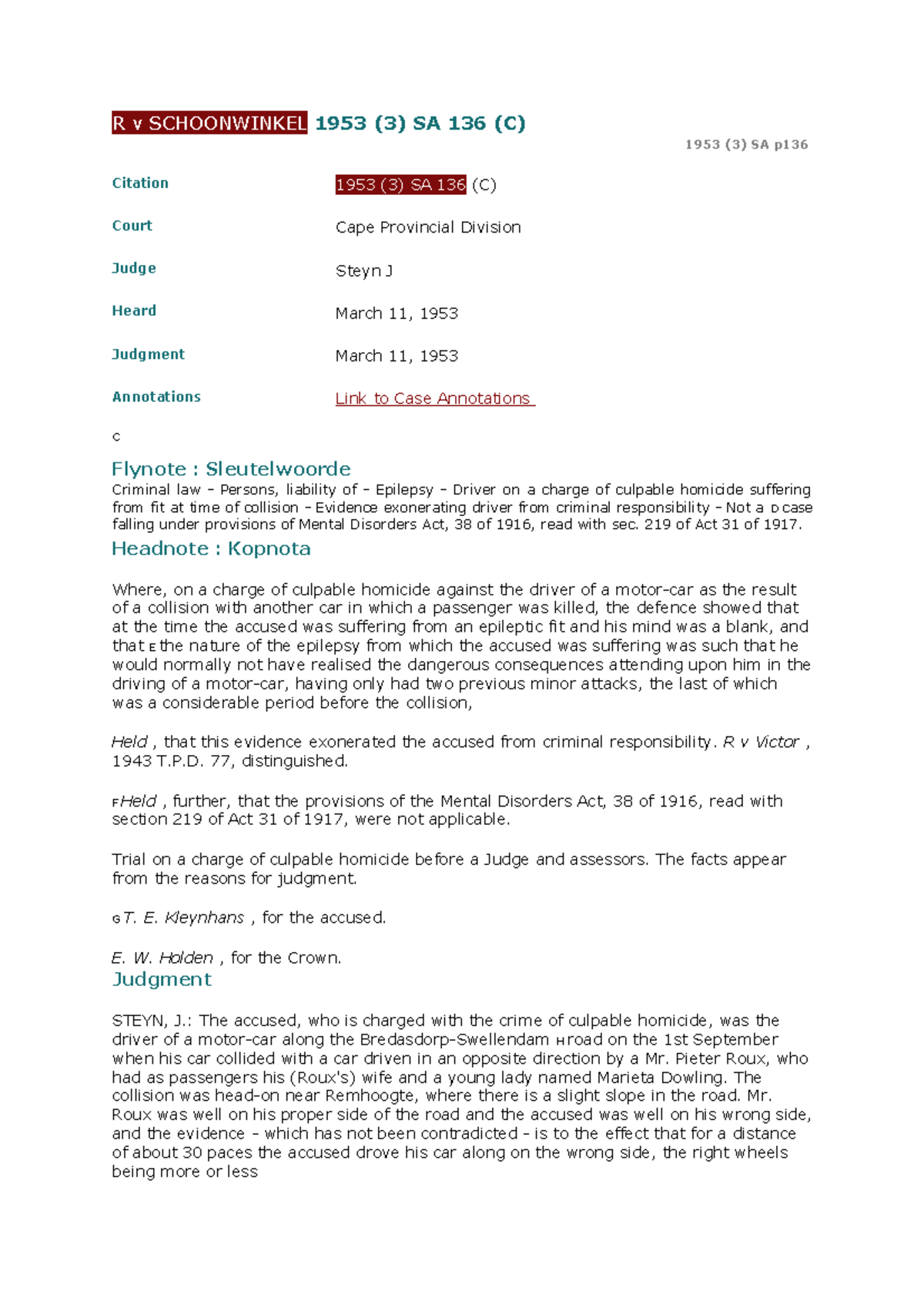 Delict case law comprehensive summary 2020 - R v SCHOONWINKEL 1953 (3 ...