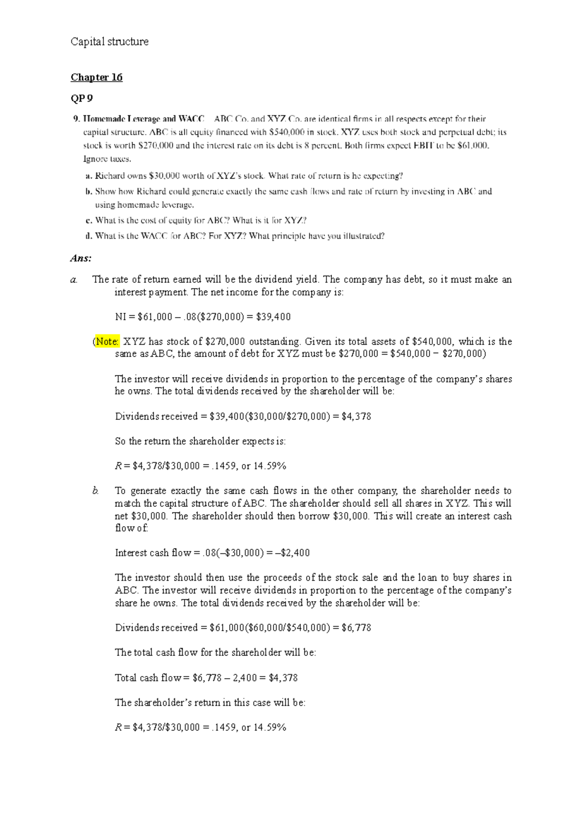 FIN322 S2020 tutorial solutions capital structure - Chapter 16 QP 9 Ans ...