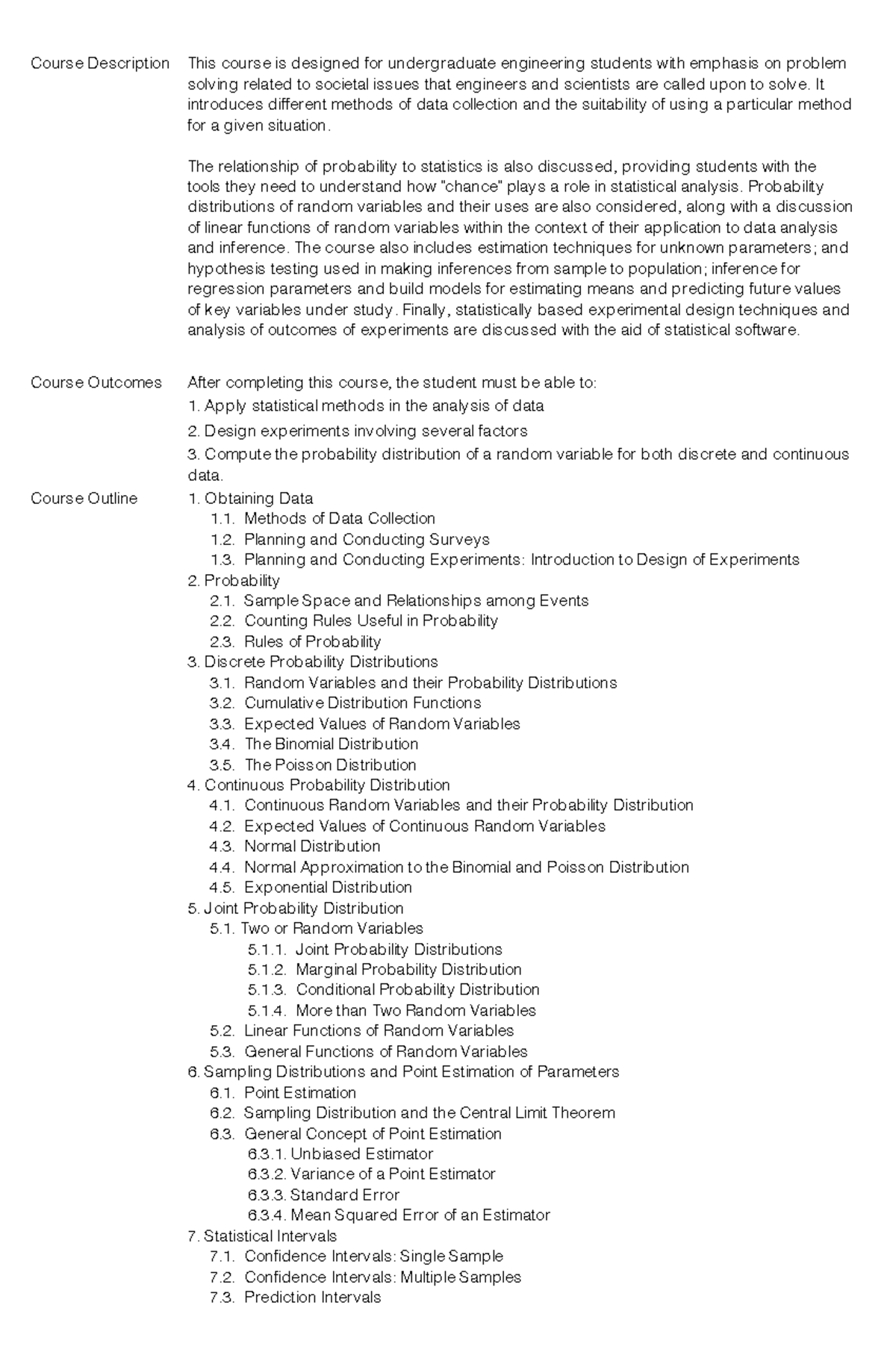 ES 21 Numerical Syllabus - Course Description Course Outcomes Course ...