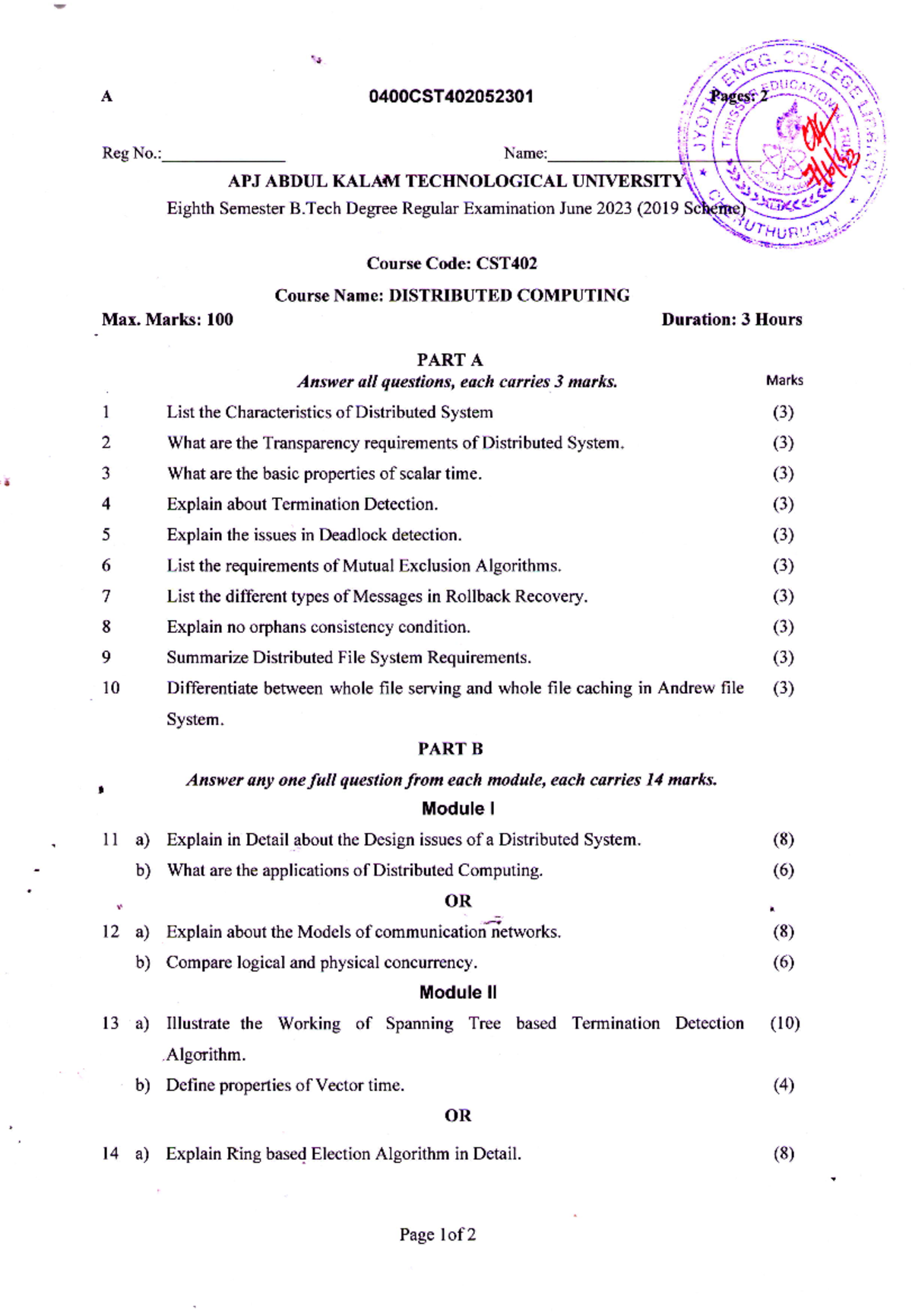 CST402 Distributed Computing, JUNE 2023 - I 2 5 4 5 6 7 8 9 l A RegNo.: 0400csT APJ ABDUL ...