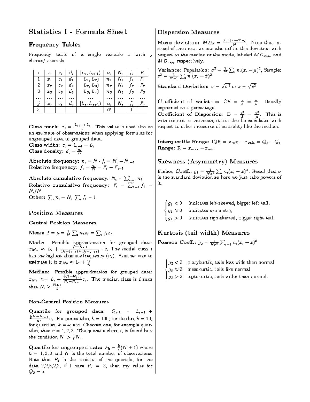 Statistics Formulas - resumido - Statistics I - Formula Sheet Frequency ...