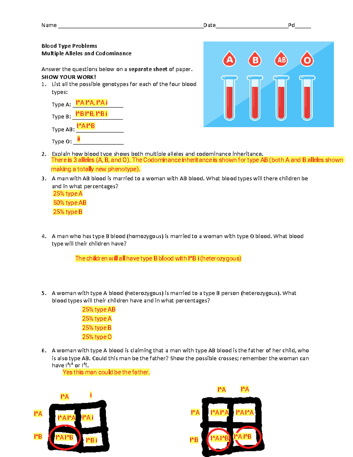 Biology 1 Blood Type Problems Assignment KEY Name Studocu